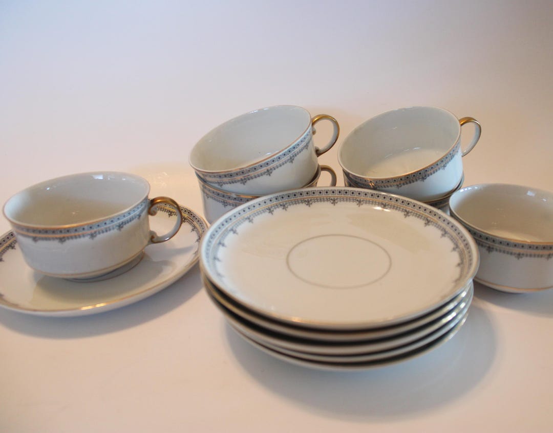 SET of SIX Z.S. & Co. Teacups and Saucers, Domino / Checker Design ...