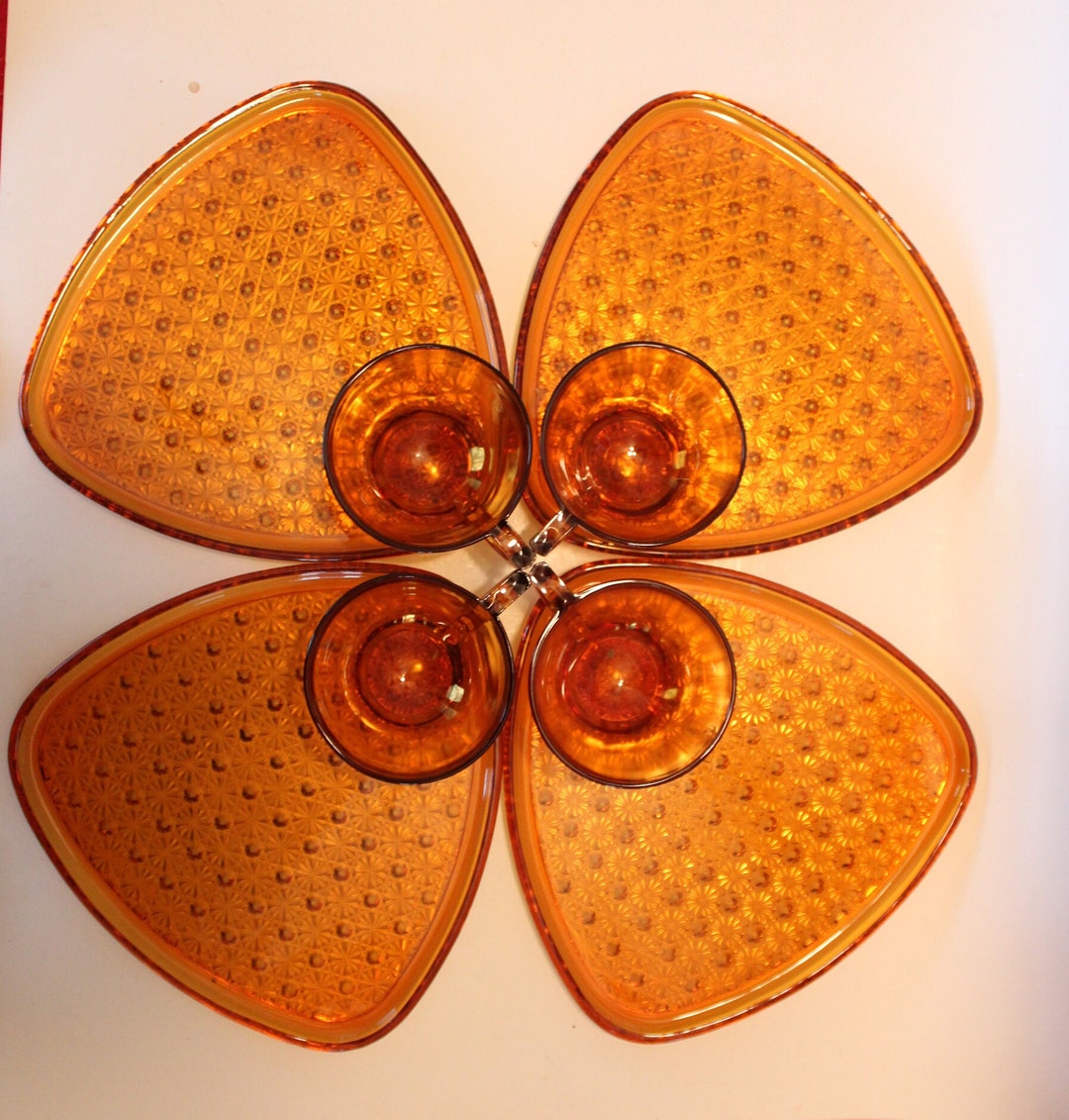 Set of FOUR Amber Glass Triangular Party Plates, Each With Its Own Cup ...