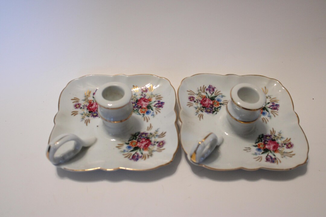 PAIR of Hand-painted Candlestick Holders, Floral With Gold Trim, 5.5 ...