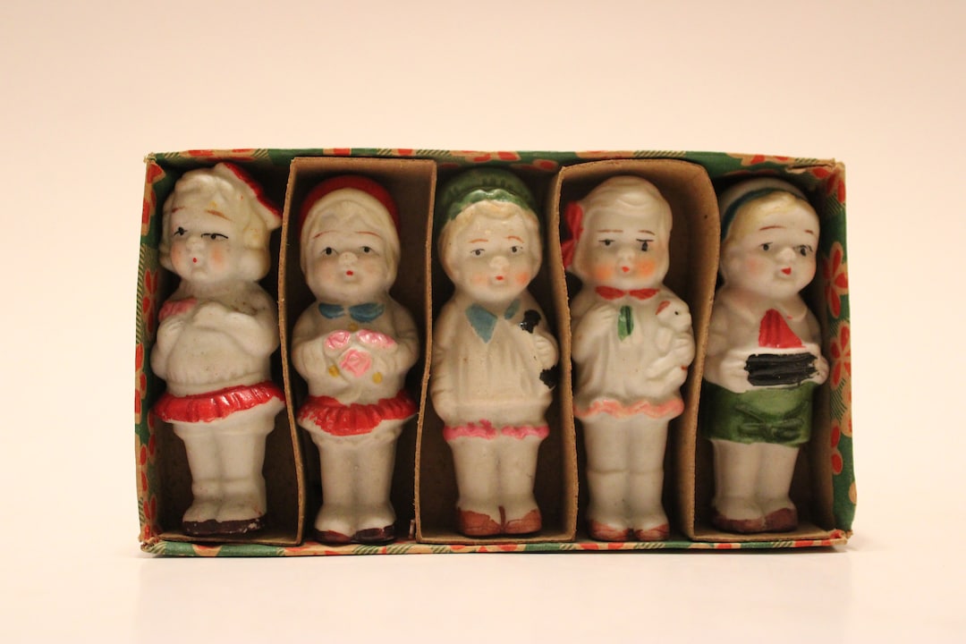 Five Miniature Penny Dolls (4 Girls, 1 Boy) Each Numbered, in Original ...