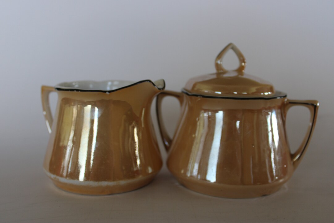 Orange Lusterware Sugar Bowl and Creamer, Made in Germany, 'celebrate ...