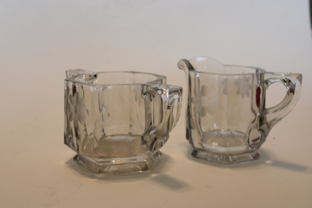 Creamer and Sugar Bowl, Heavy Clear Glass, Six-sided, With Handles ...