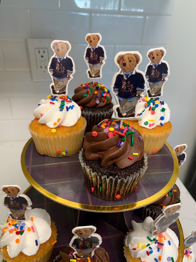 12 PCS Preppy Teddy Bear Cupcake Toppers 2 Inches Baby Shower Birthday ...