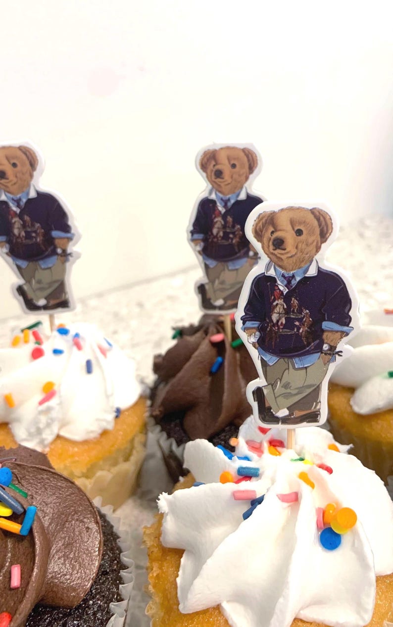 12 PCS Preppy Teddy Bear Cupcake Toppers 2 Inches Baby Shower Birthday ...