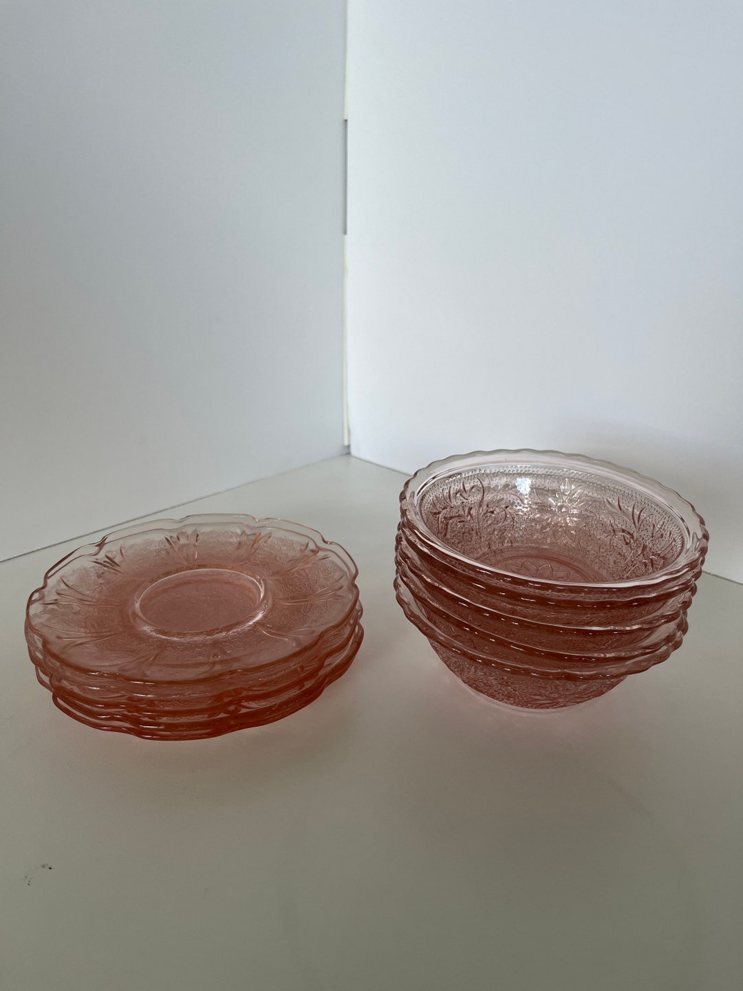 Pink Depression Glassware/set of 5 Bowls & 5 Bread-butter - Etsy