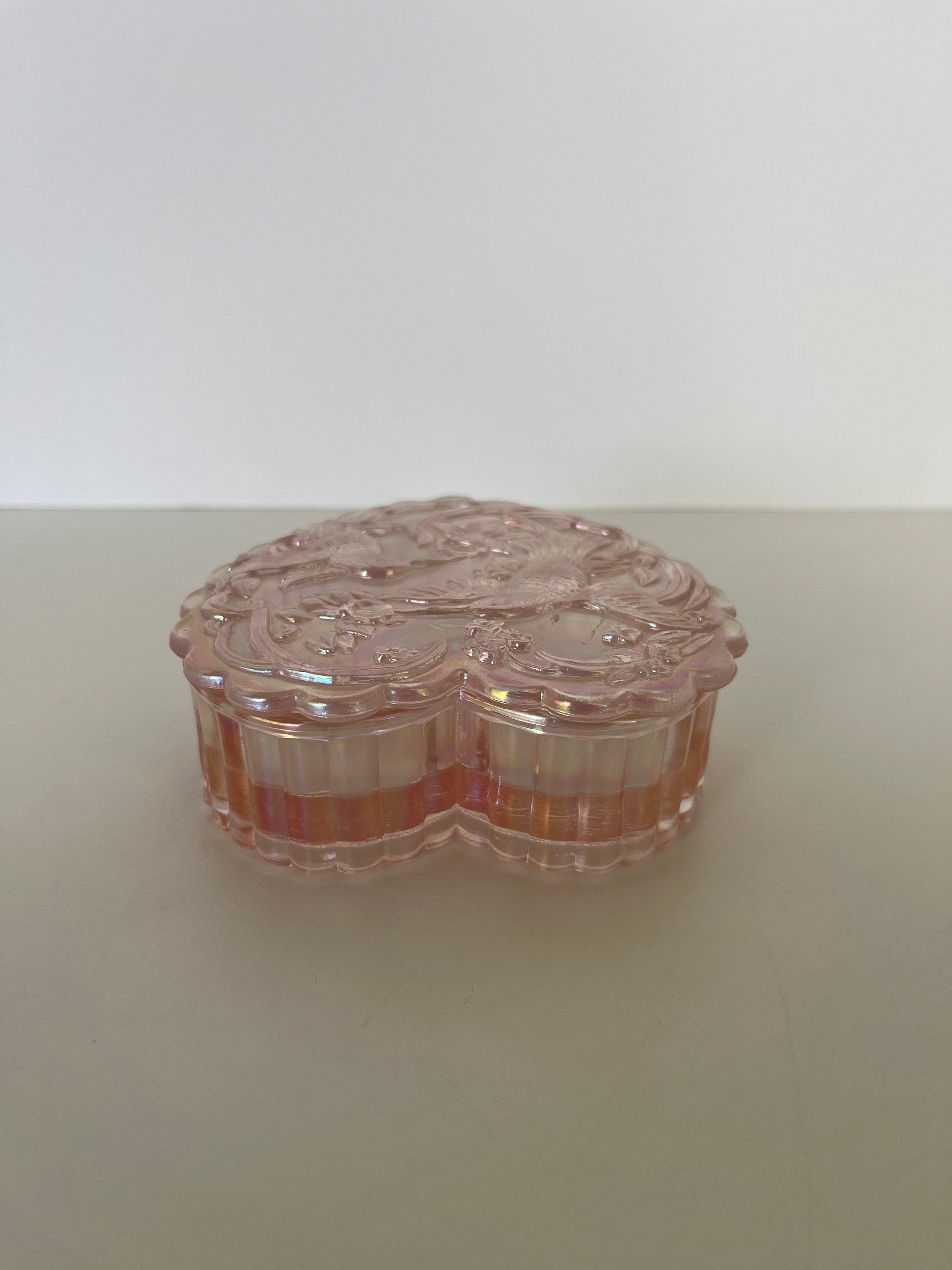 Vintage FENTON Pink Heart Shaped Iridescent Hummingbird Floral Lidded ...