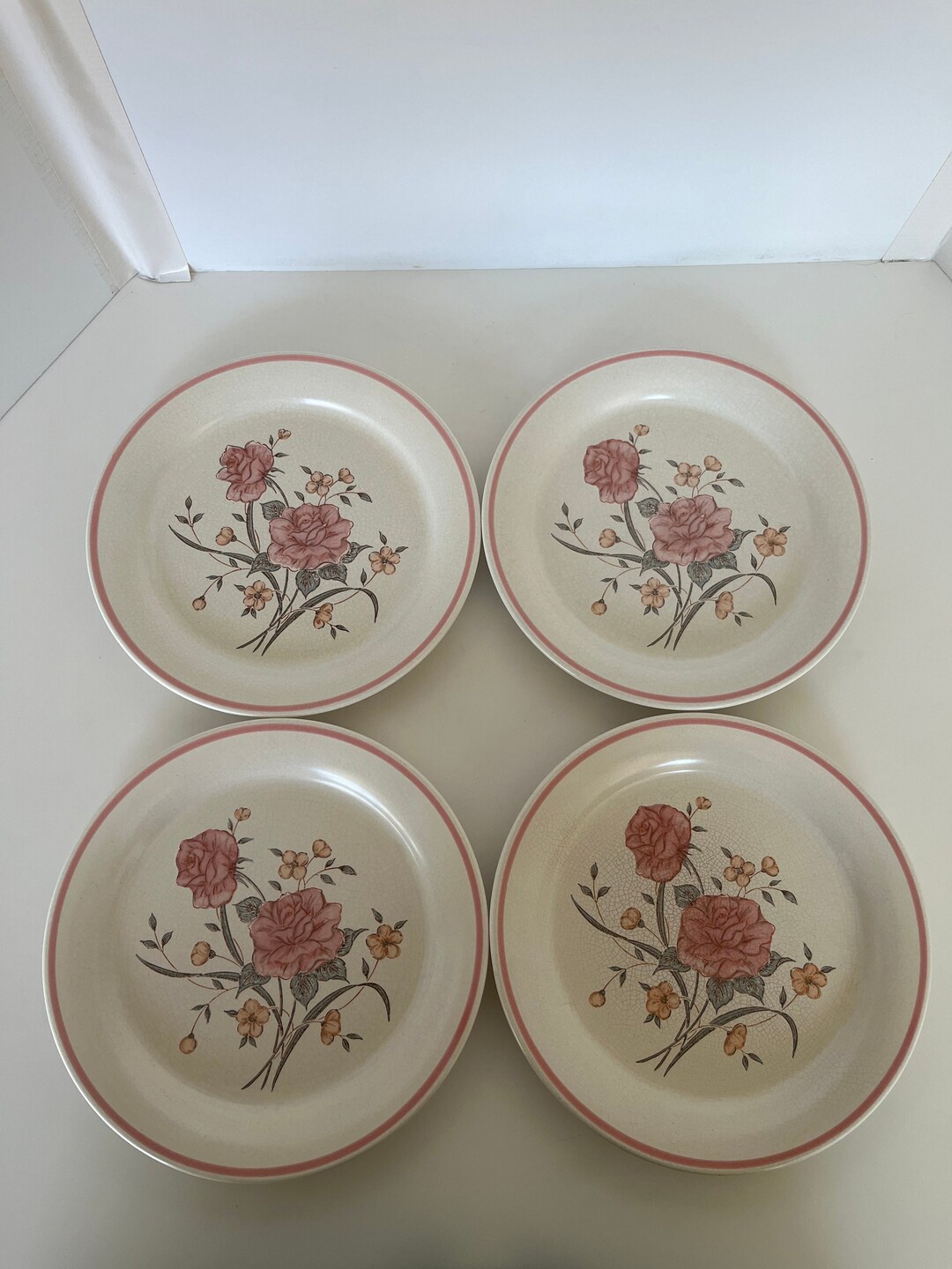 Set of 4/vintage Pink Rose Floral Stoneware Salad Plates/made in Japan ...