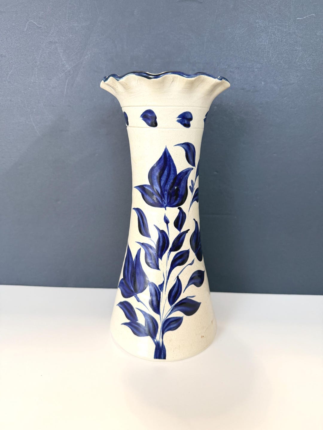 Vintage*signed* Salt Glazed Beige & Cobalt Hand-painted Floral Pottery ...