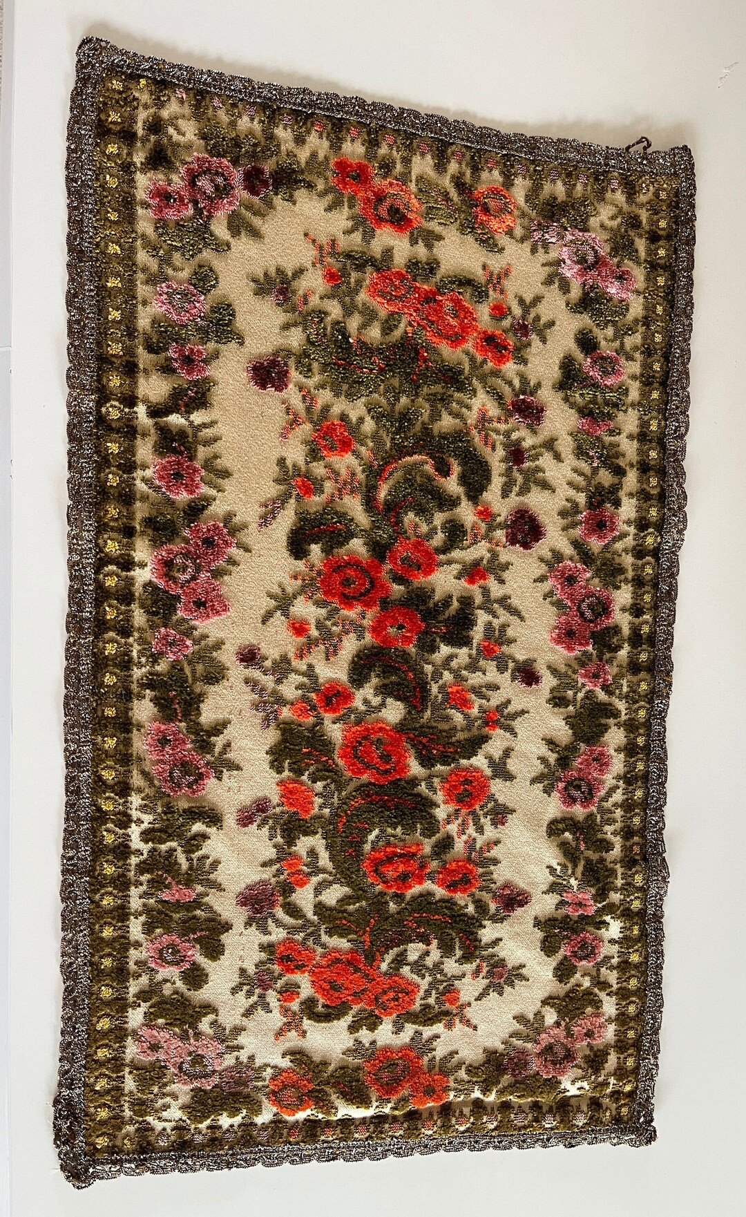Vintage Velvet Flower Brocade Table Linen Metallic Edge/1970s Dresser ...