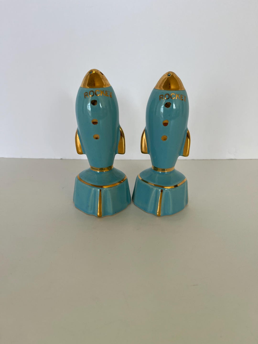 Retro Blue and Gold Rocket Ship Salt and Pepper Shakers/vintage/rare ...