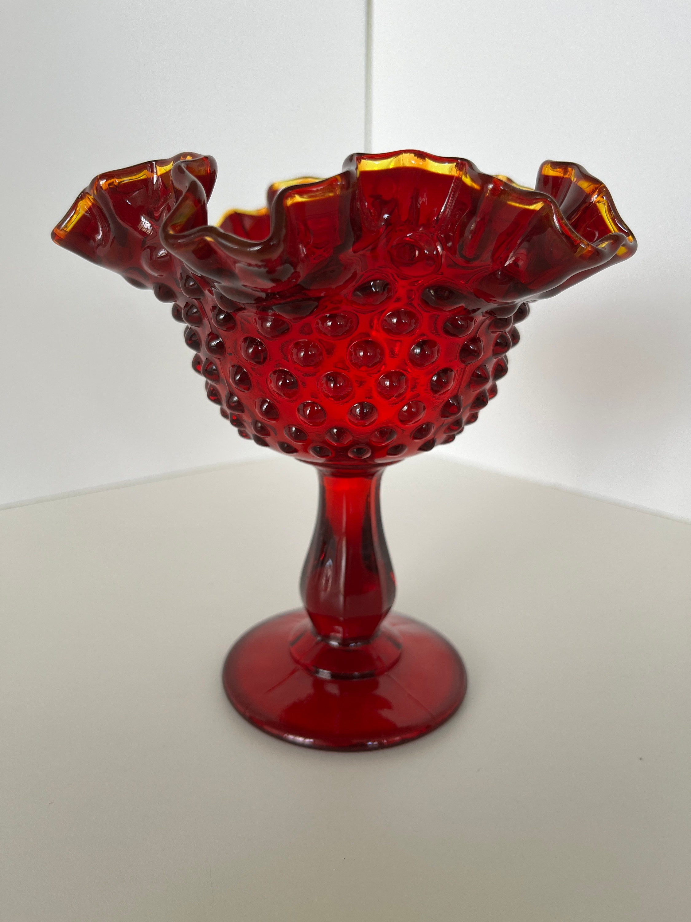 Vintage Fenton Red Glass Compote Hobnail Design With Ruffled - Etsy