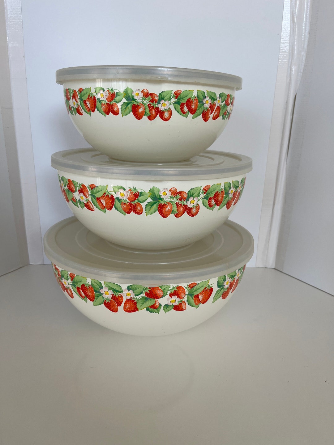 Set of 3 Vintage Strawberry Kobe Kitchen Enamelware Mixing Bowls With ...