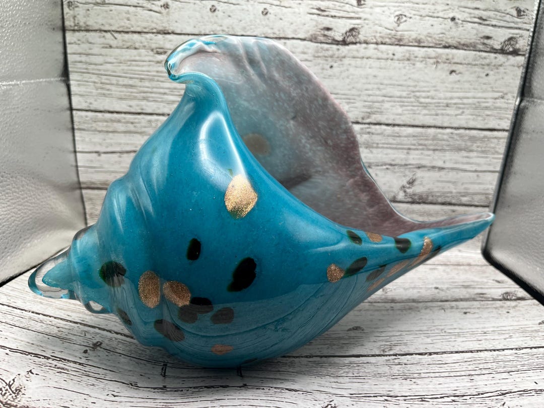 Art Glass Conch Shell Blue Murano Glass Large Seashell Display Home ...