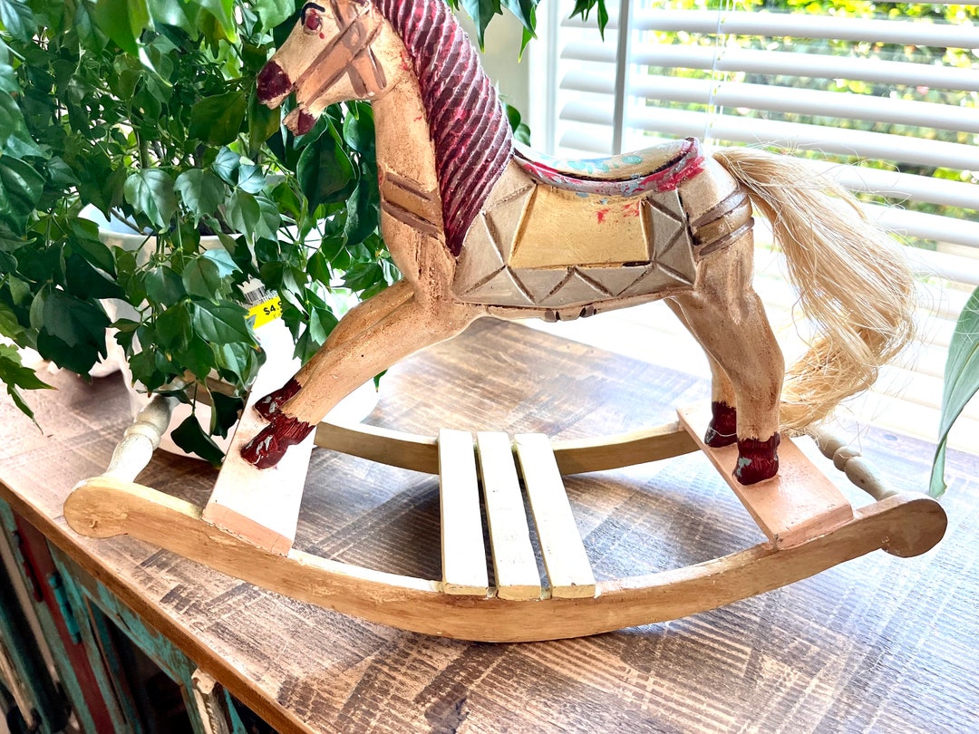 Antique Wooden Toy Rocking Horse MCM Hand Painted Solid Wood Rocking ...