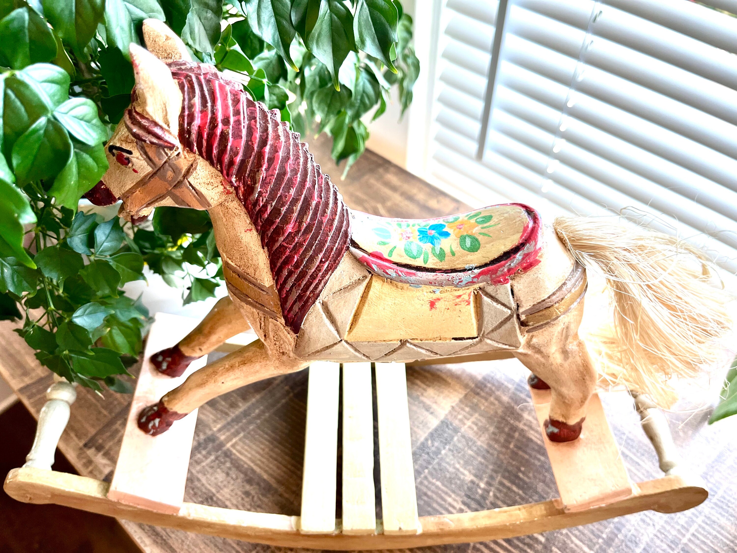 Antique Wooden Toy Rocking Horse MCM Hand Painted Solid Wood Rocking ...