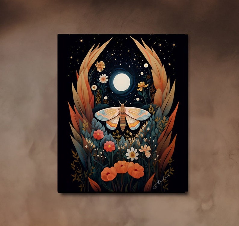 Moody Florals With Moth, Full Moon Starry Sky, Mystical Bohemian ...