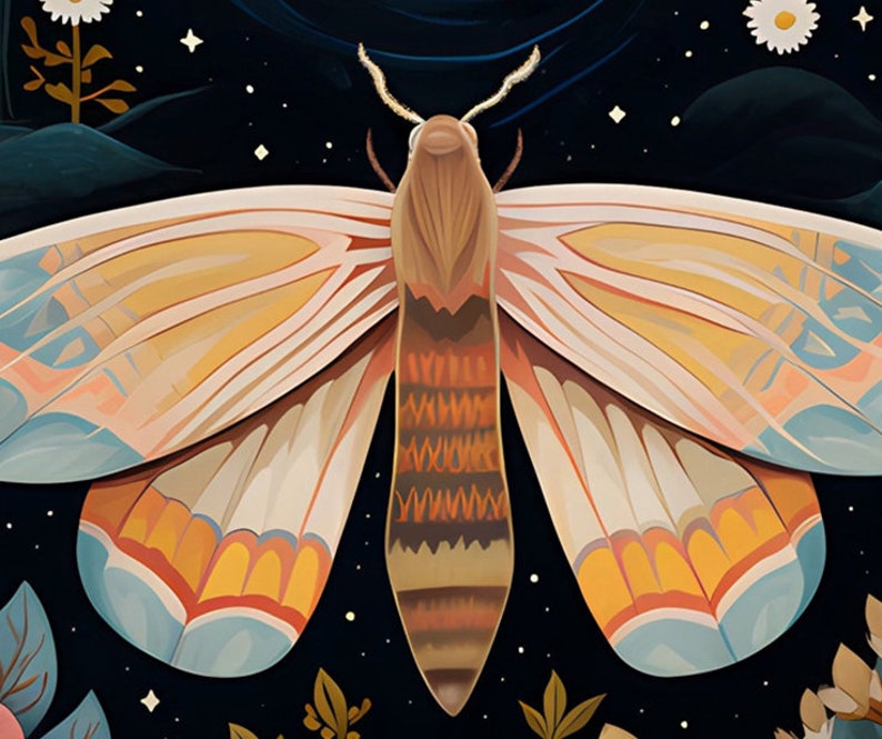Moody Florals With Moth, Full Moon Starry Sky, Mystical Bohemian ...