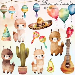 Watercolor Llama Fiesta Clipart, Llama Clipart, Fiesta, Fluffy Llamas ...