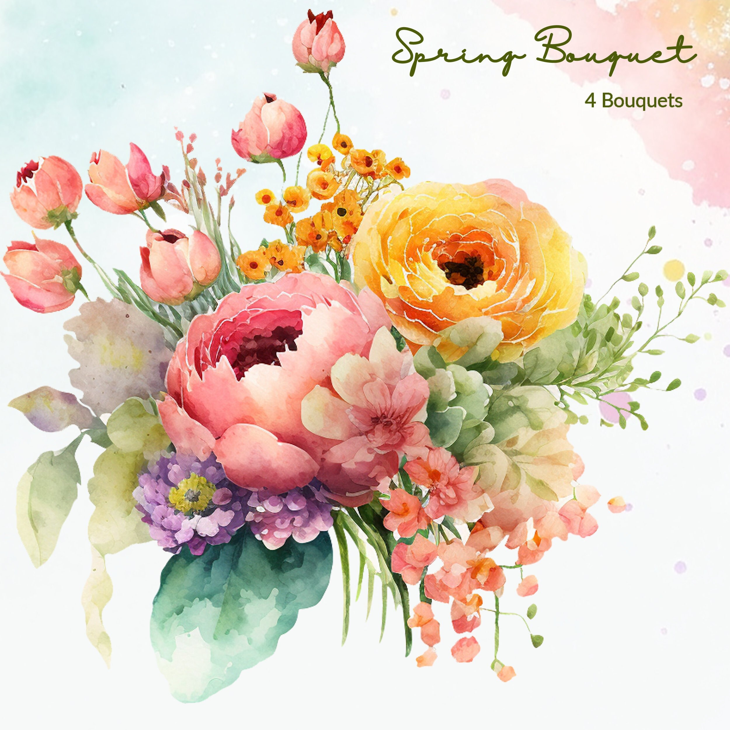 Watercolor Spring Bouquets Clipart, Peonies Clipart, Spring Cliaprt ...