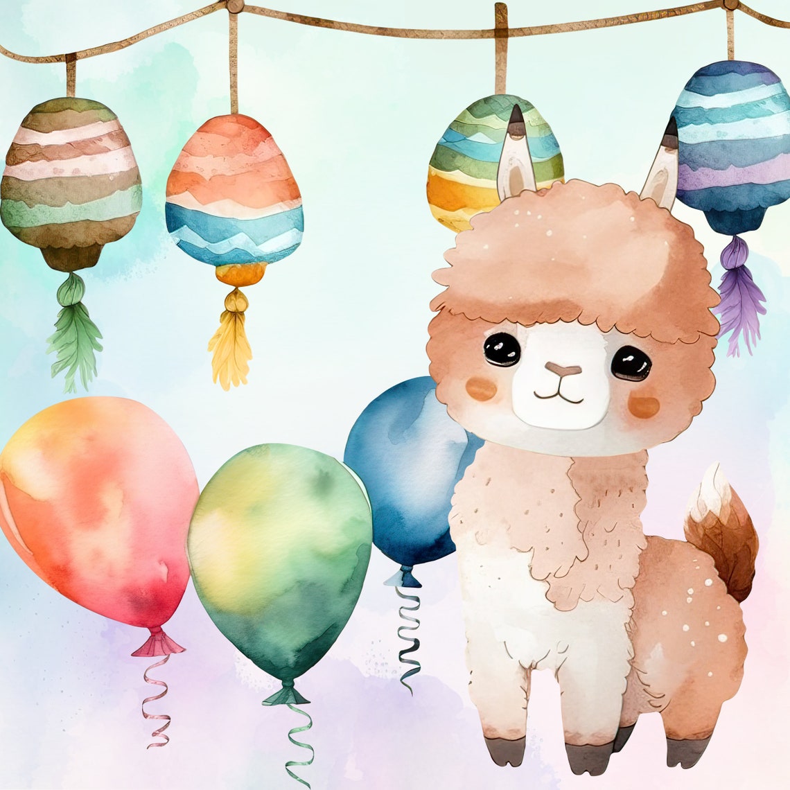 Watercolor Llama Fiesta Clipart, Llama Clipart, Fiesta, Fluffy Llamas ...
