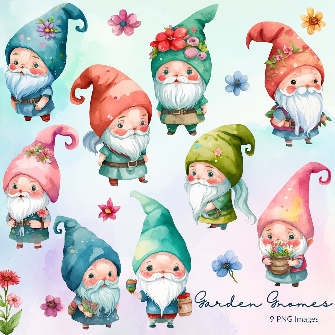 Watercolor Gnomes Clipart, Cute Garden Gnome Clipart, Garden Gnomes ...