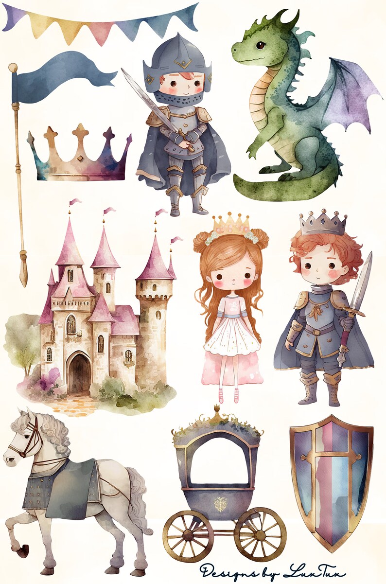 Watercolor Fairy Tale Clipart, Princess and Knight Watercolor Clipart ...