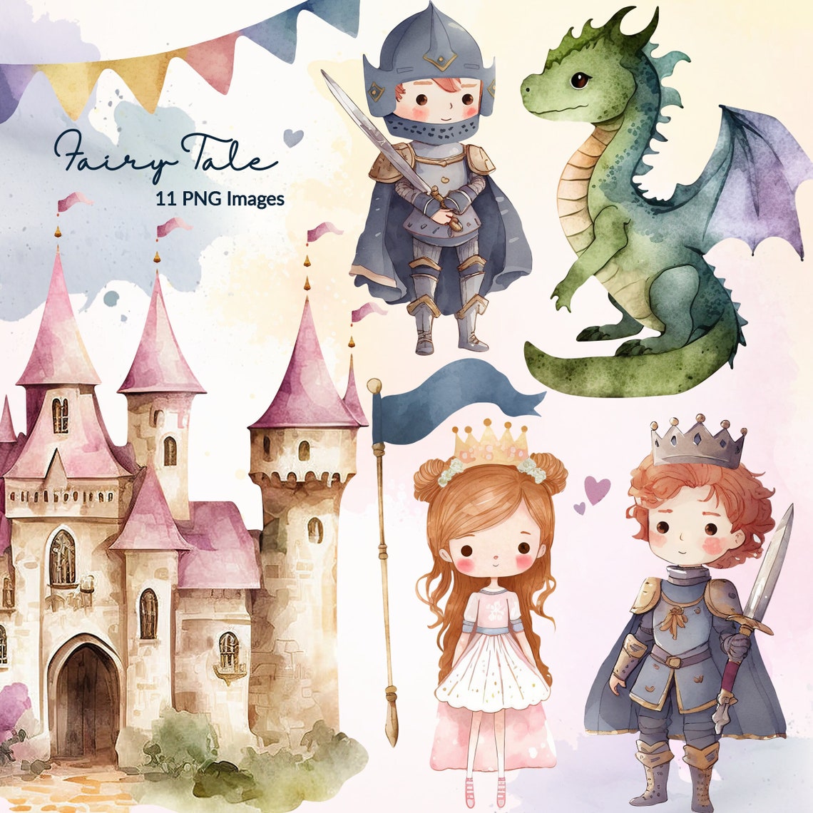 Watercolor Fairy Tale Clipart, Princess and Knight Watercolor Clipart ...