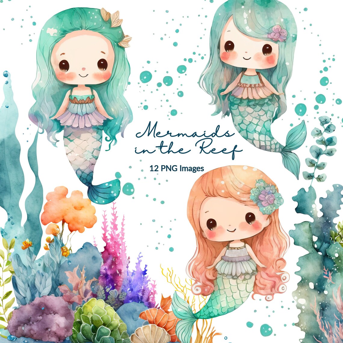 Watercolor Mermaid Clipart, Cute Maermaids, Watercolor Clipart, Mermaid ...