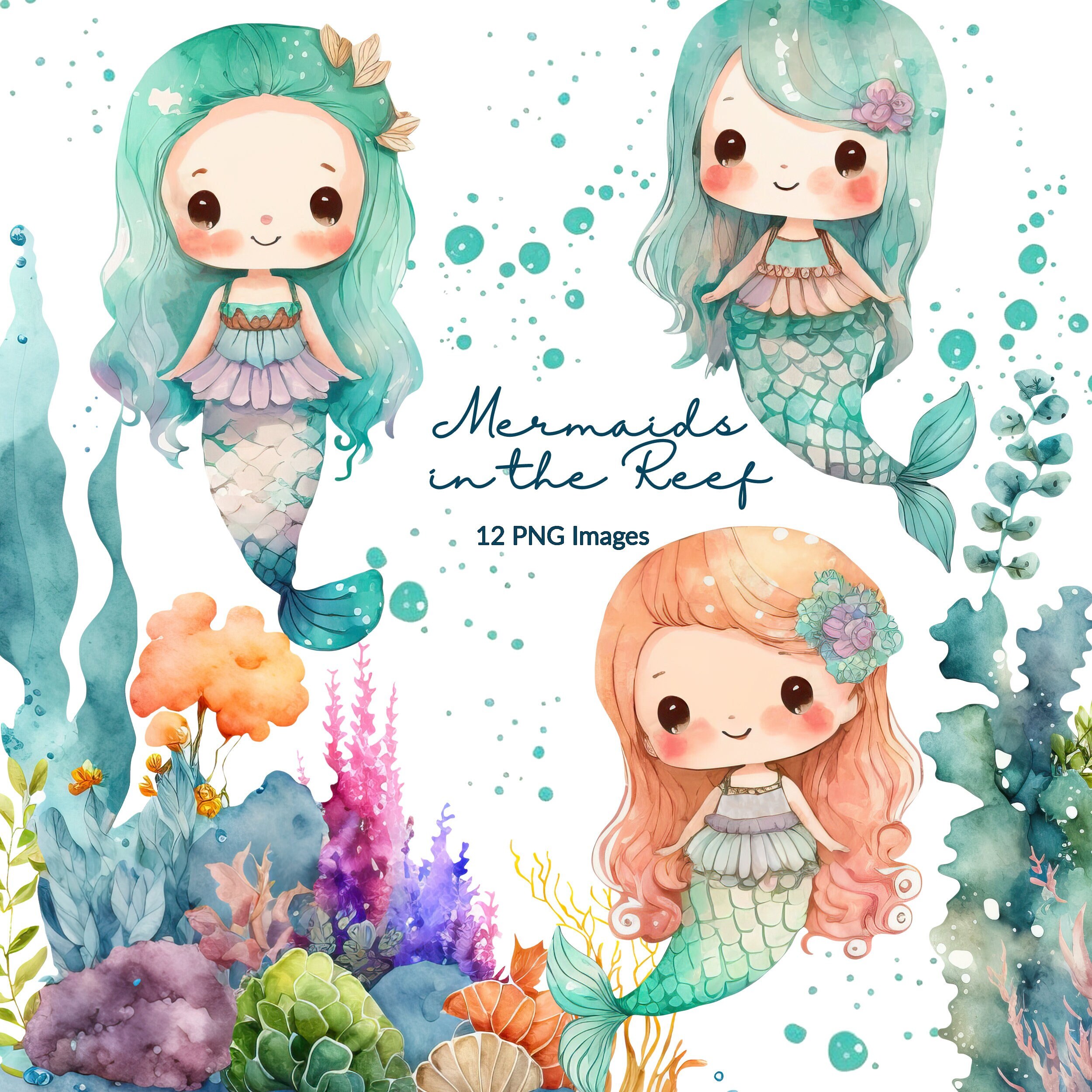 Watercolor Mermaid Clipart, Cute Maermaids, Watercolor Clipart, Mermaid ...
