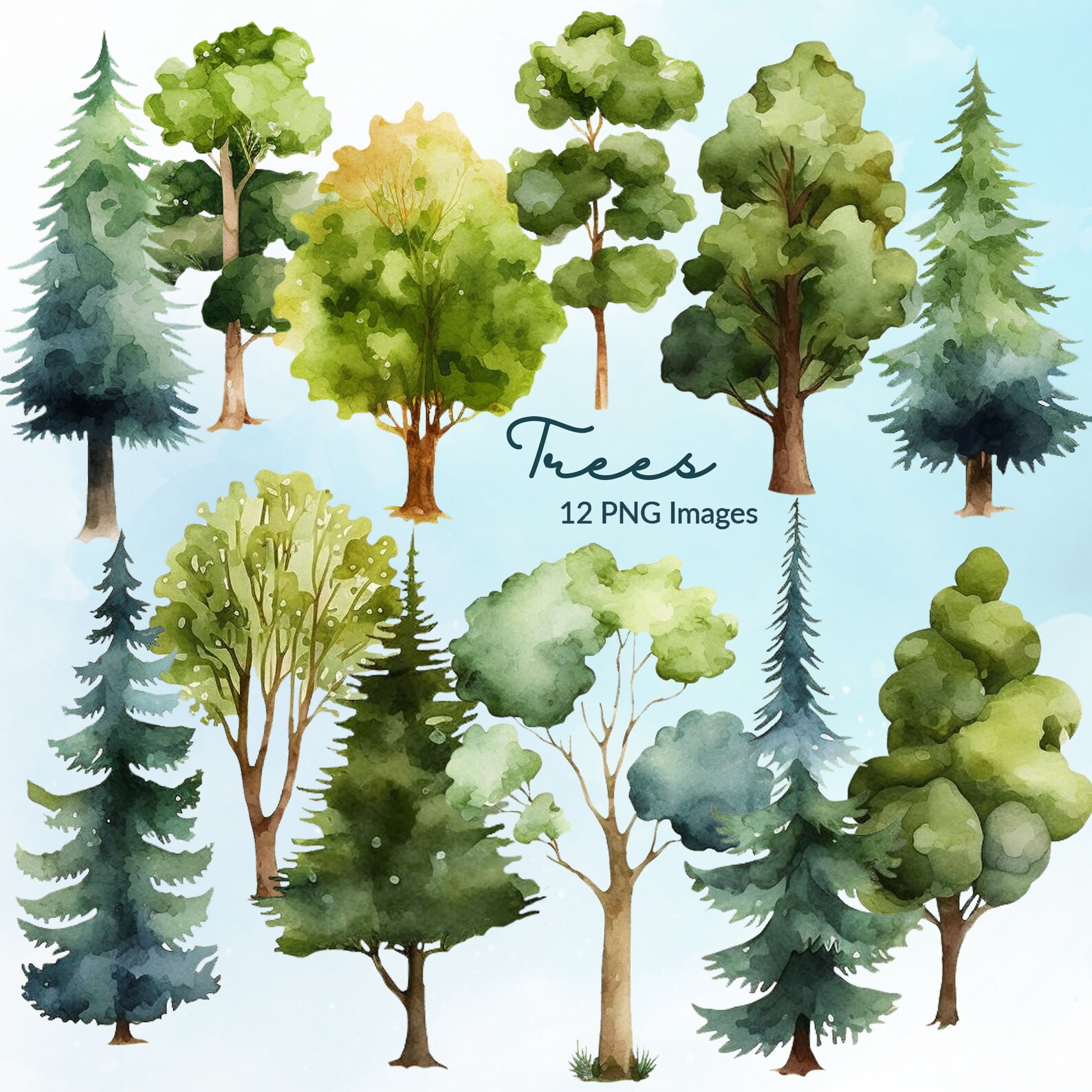 Watercolor Tree Clipart, Trees Clipart, Watercolor Clipart, Watercolor ...