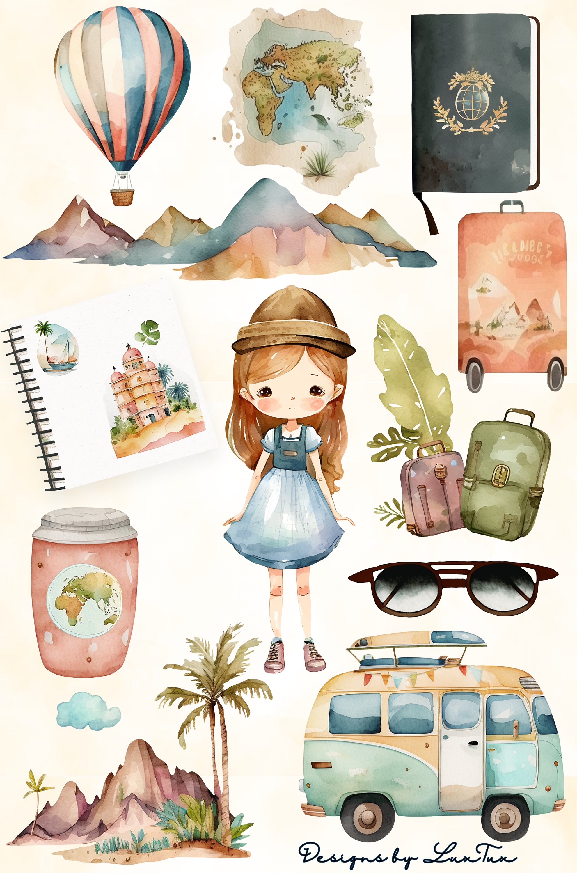Watercolor Travel Clipart, Watercolor Travel Kit, Travel Girl Clipart ...