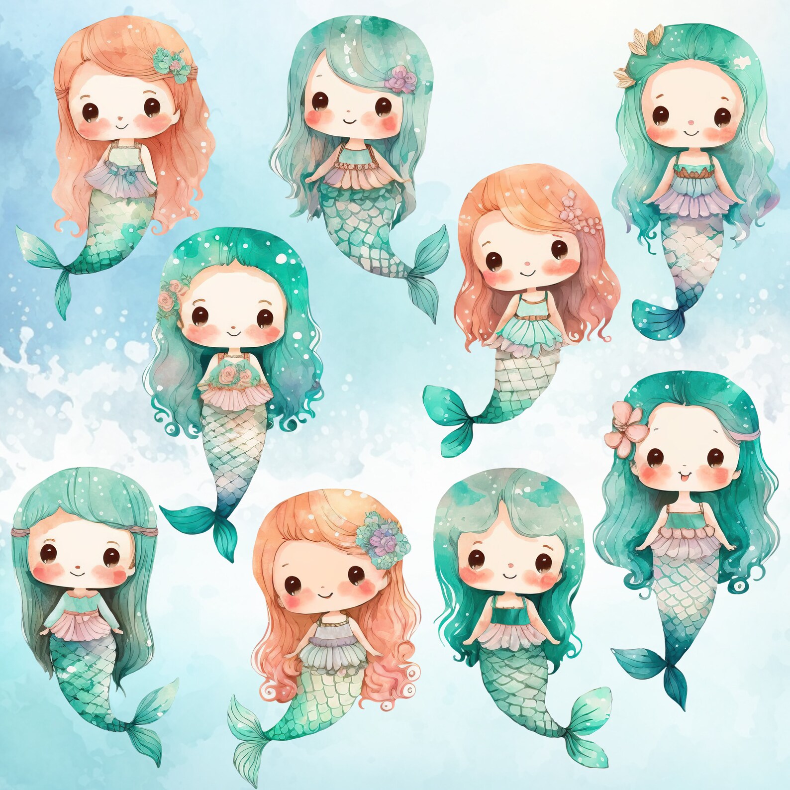 Watercolor Mermaid Clipart, Cute Maermaids, Watercolor Clipart, Mermaid ...