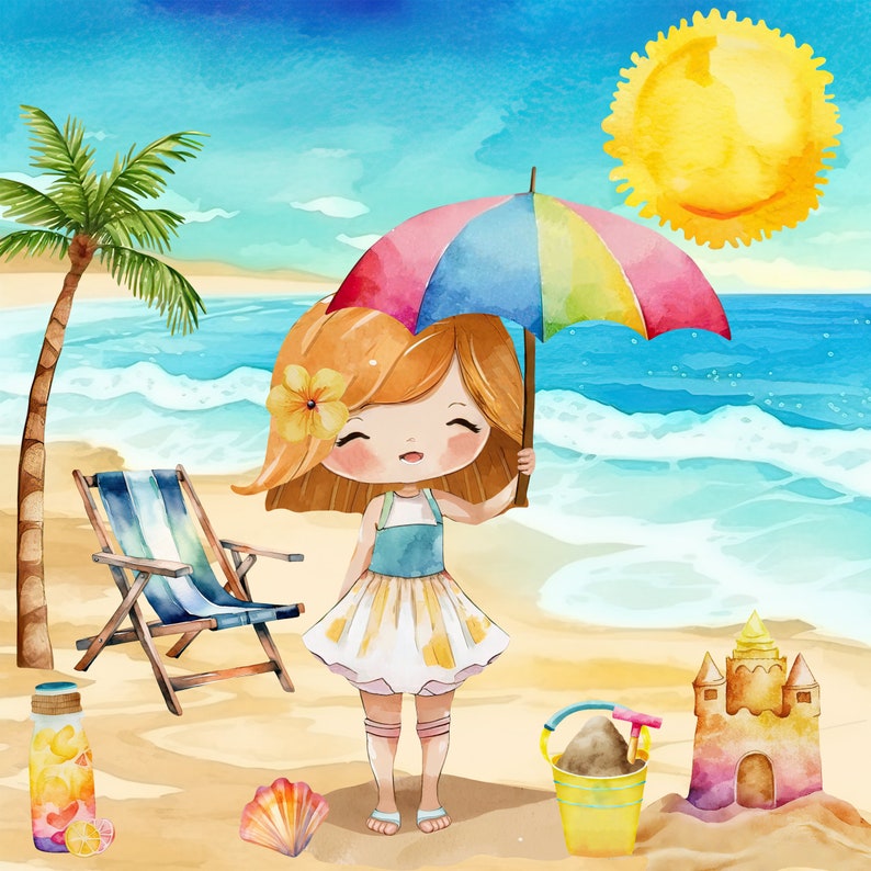 Watercolor Beach Girl Clipart, Watercolor Summer Clipart, Girl Clipart ...