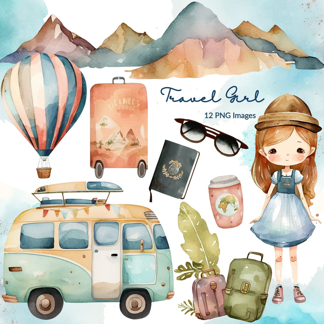Watercolor Travel Clipart, Watercolor Travel Kit, Travel Girl Clipart ...