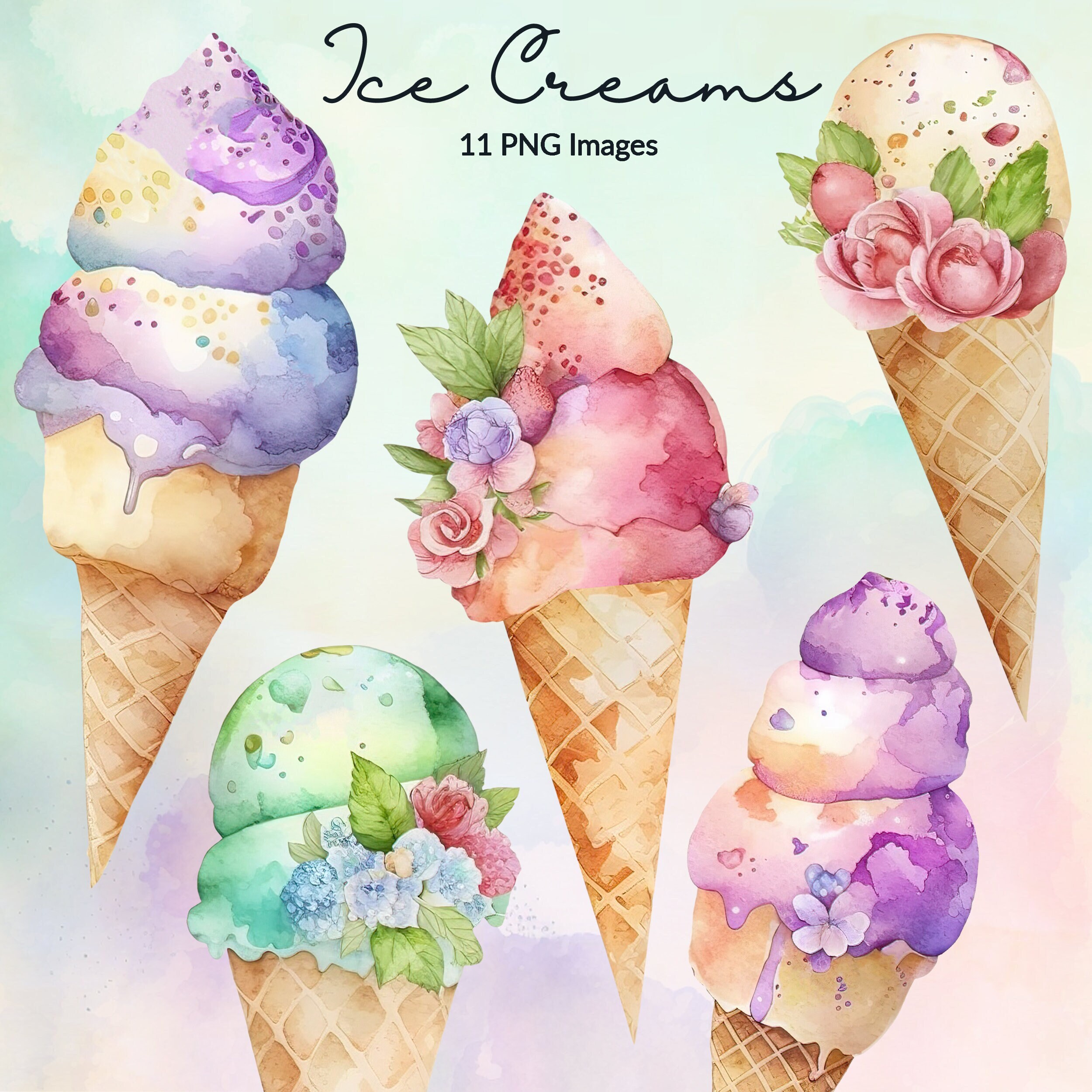 Watercolor Ice Cream Clipart, Ice Cream Clip Art, Watercolor Clipart ...