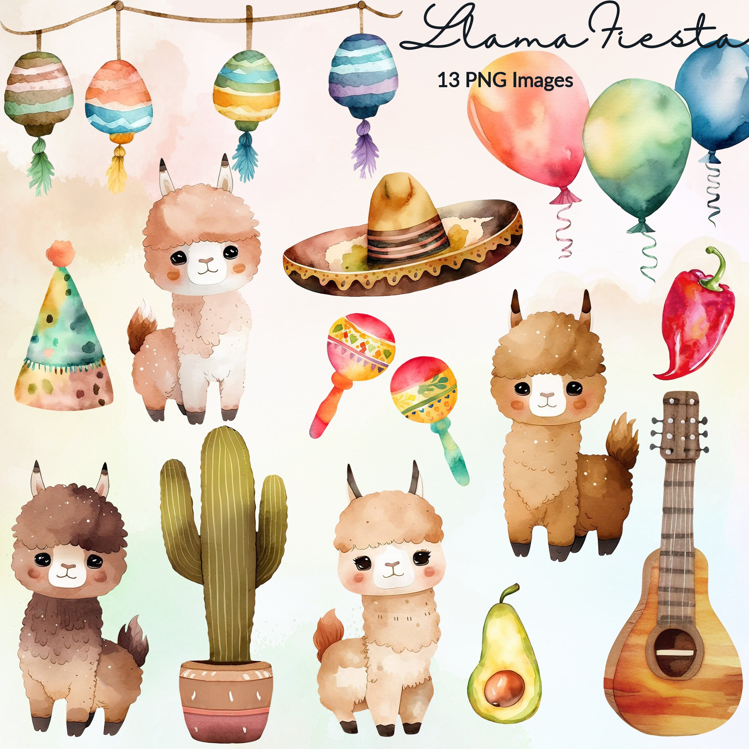 Watercolor Llama Fiesta Clipart, Llama Clipart, Fiesta, Fluffy Llamas ...