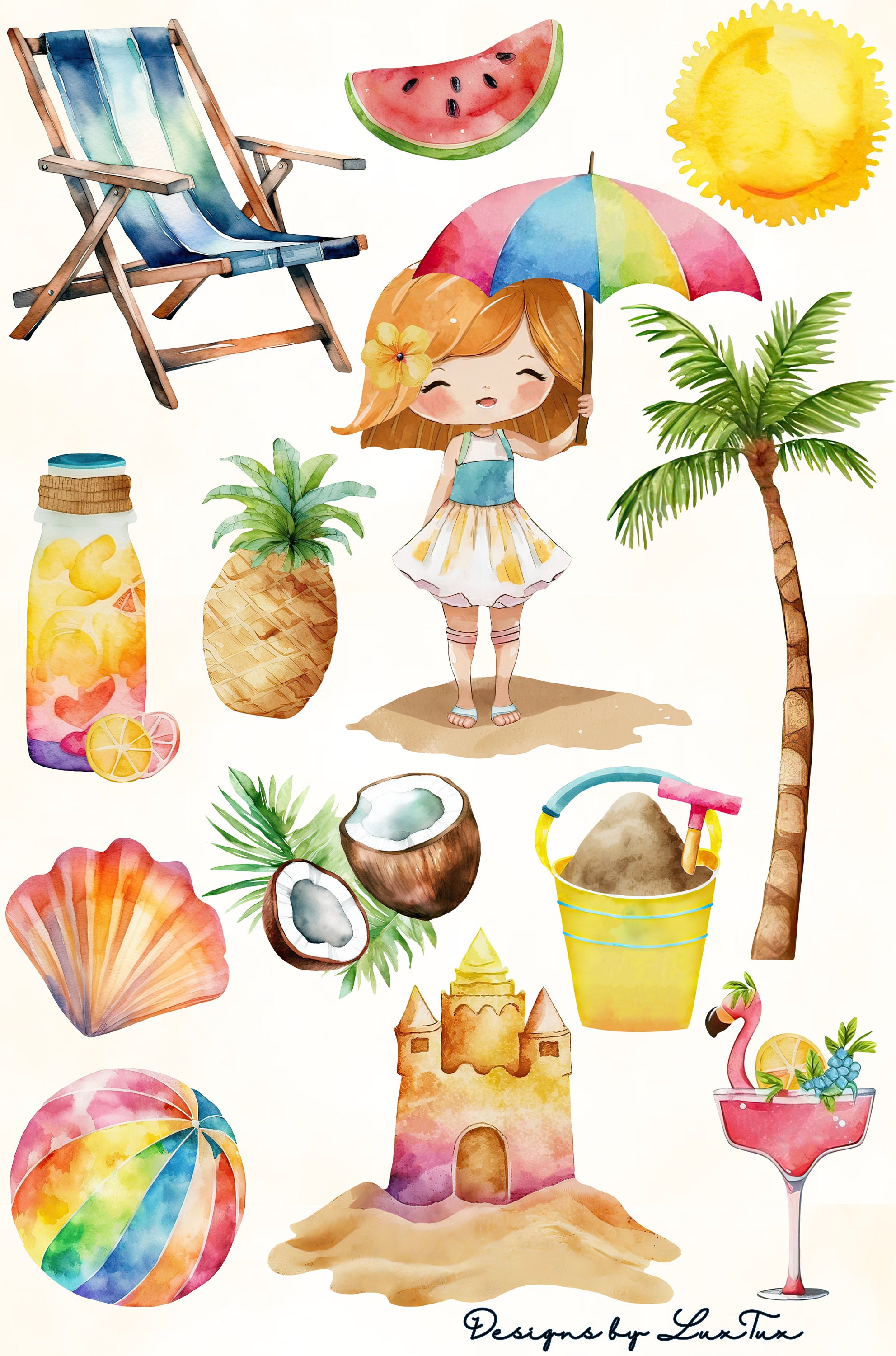 Watercolor Beach Girl Clipart, Watercolor Summer Clipart, Girl Clipart ...