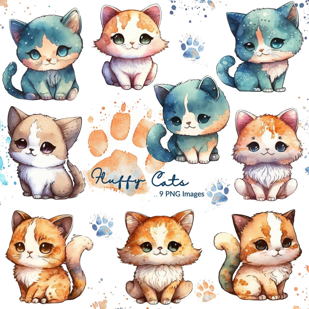 Watercolor Cats Clipart,cat Clipart, Cute Kittens, Fluffy Cats ...