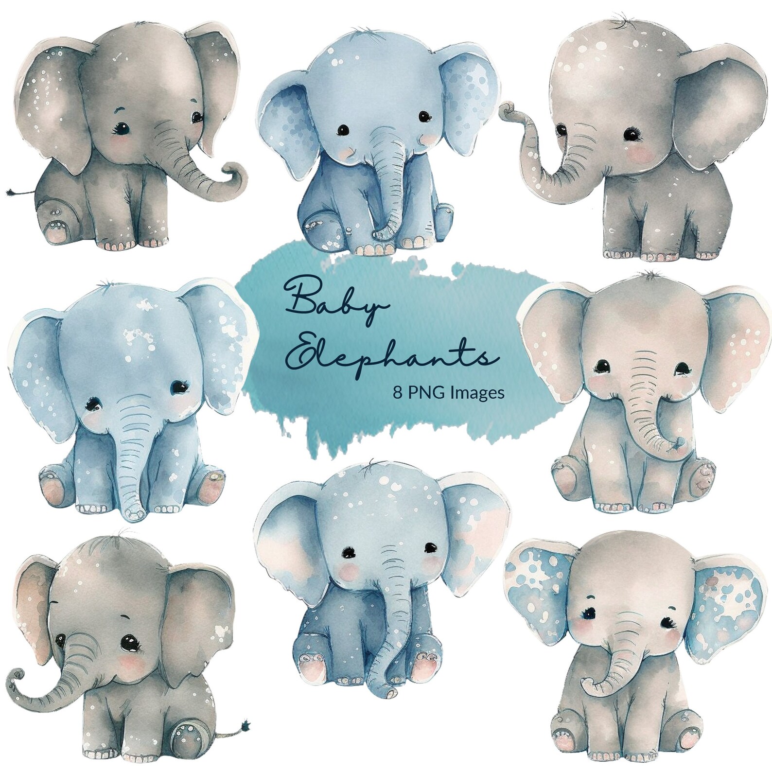 Watercolor Elephants Clipart, Baby Elephant Clipart, Cute Elephants ...