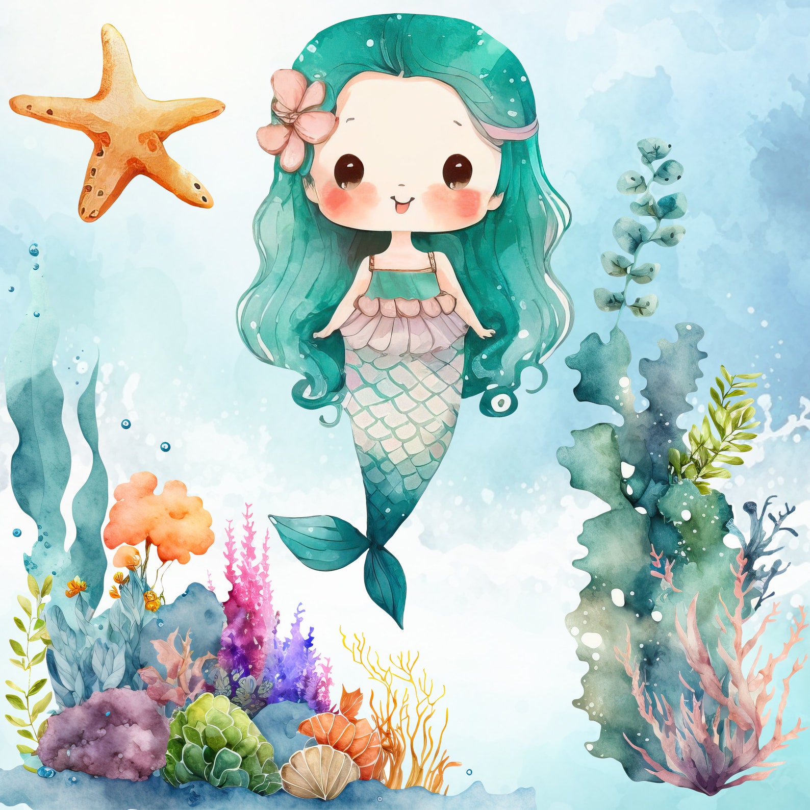 Watercolor Mermaid Clipart, Cute Maermaids, Watercolor Clipart, Mermaid ...