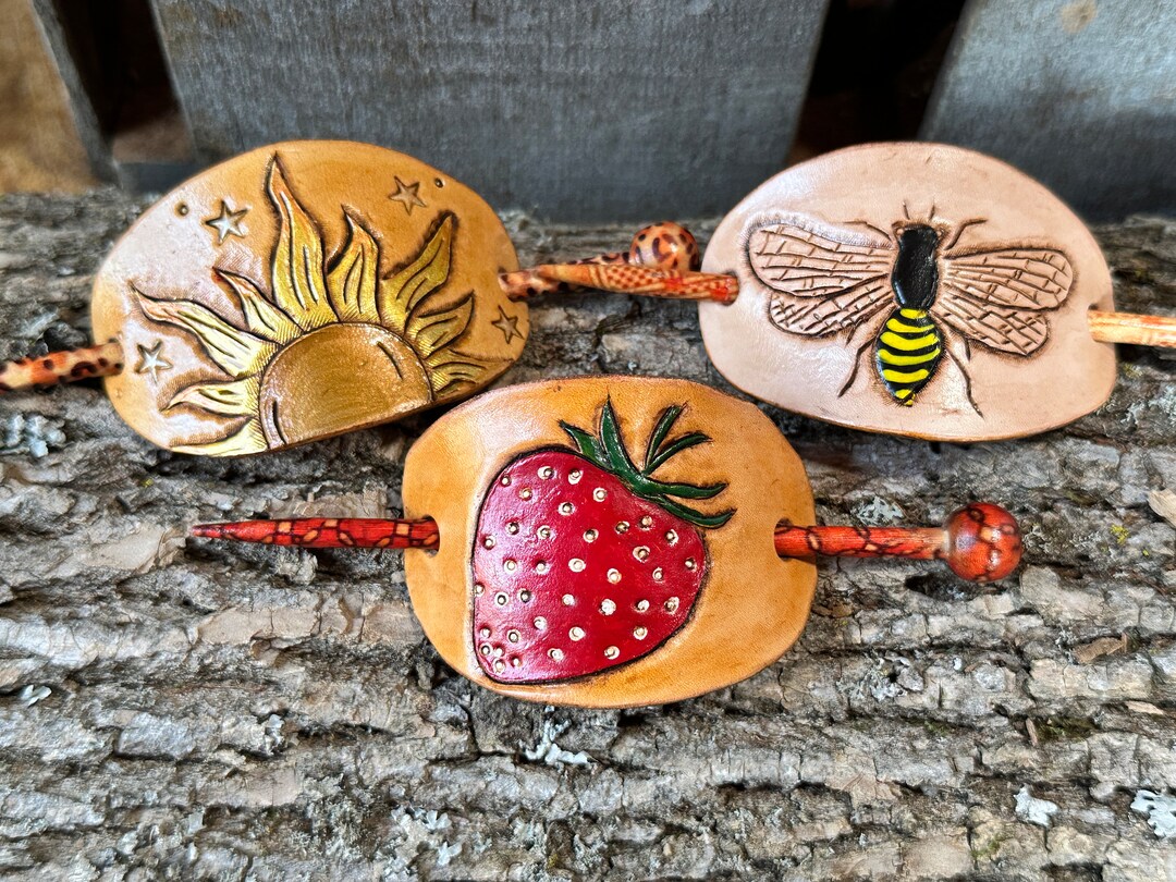 Real Tooled Leather Sun Bee or Strawberry Stick Barrette Hair Clip - Etsy