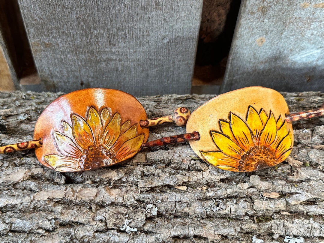 Real Tooled Leather Sunflower Stick Barrette Hair Clip Slider - Etsy