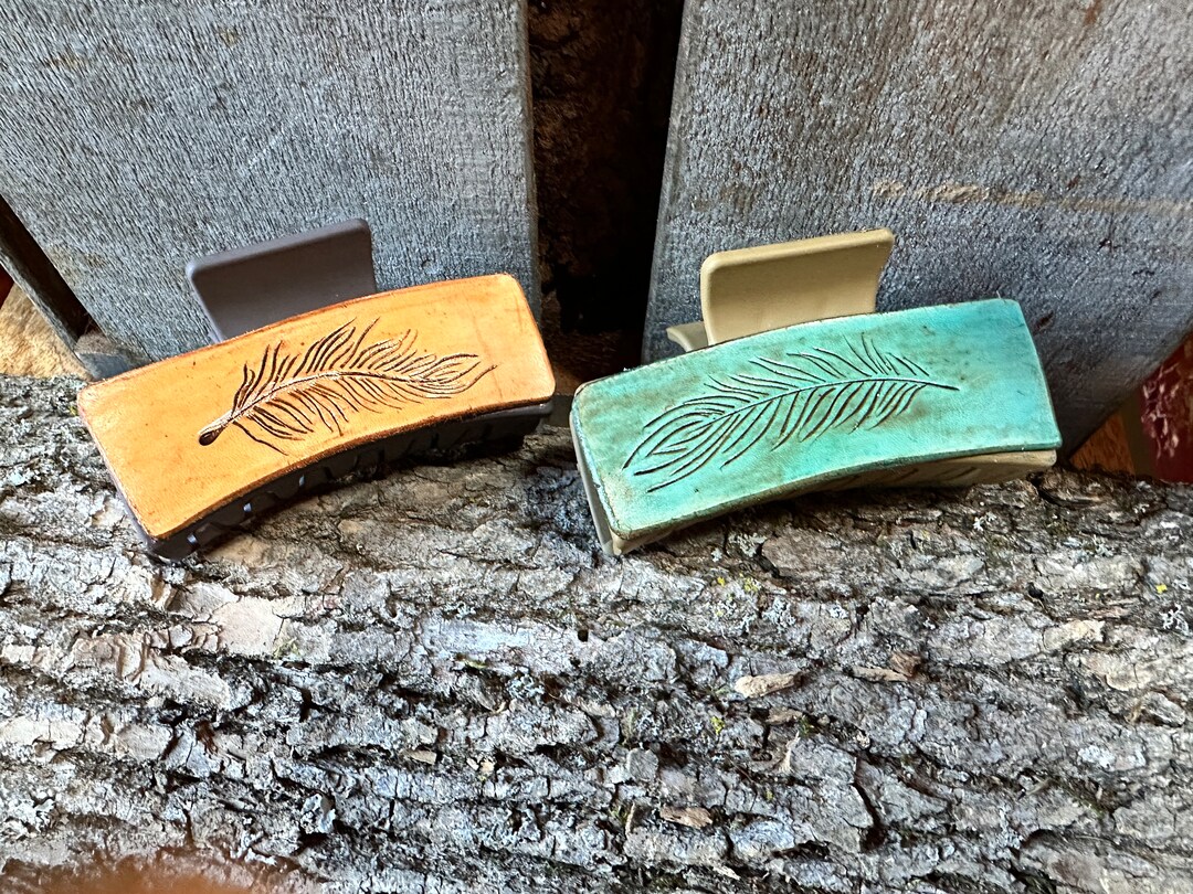 Real Tooled Leather Feather Hair Claw Clip in Natural or Turquoise - Etsy