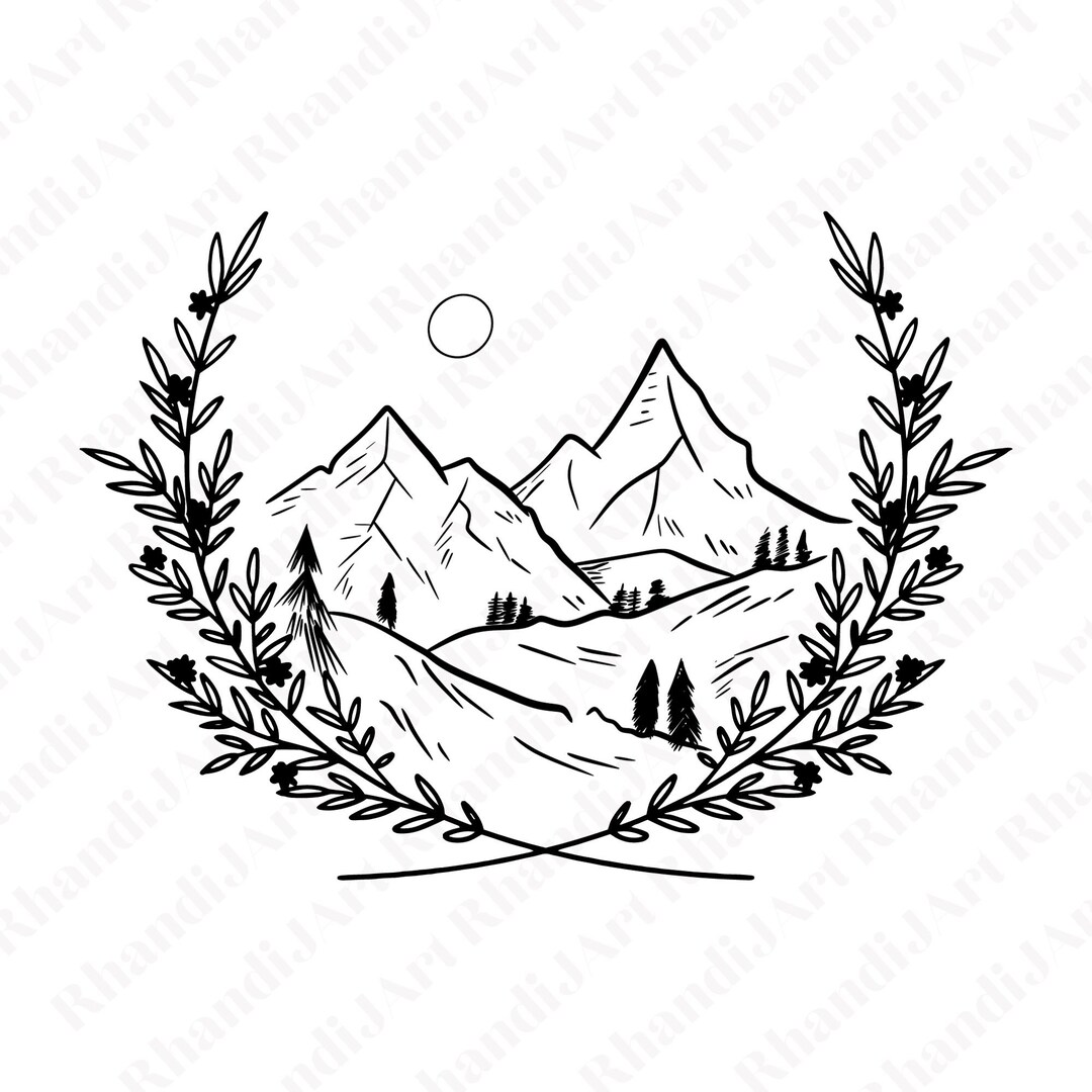 Mountains & Leaf Wreath, Floral Wreath, Mountain Lover, Moon, Streams ...