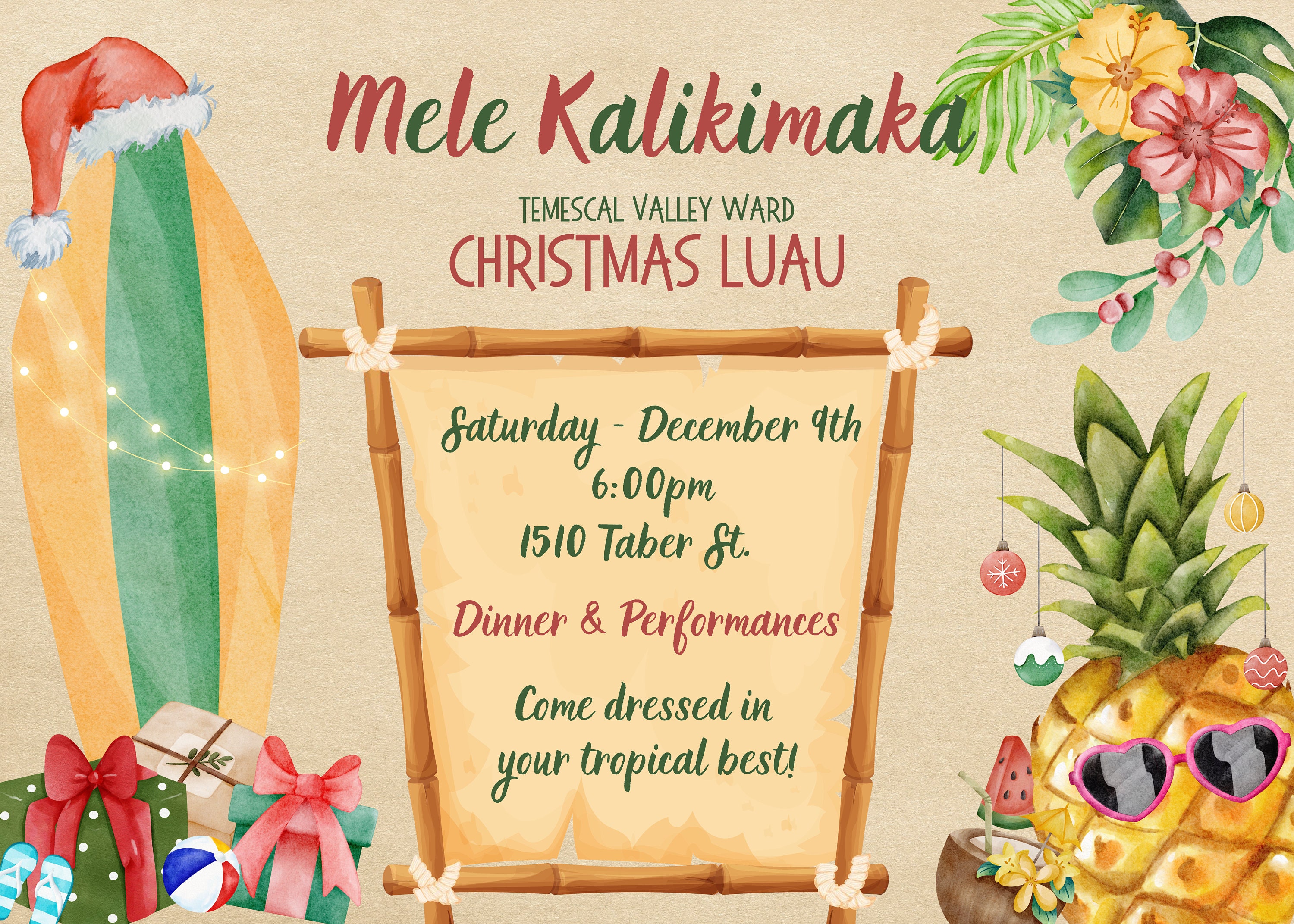 Christmas Luau Party Invitation, Mele Kalikimaka, Christmas in Hawaii, Holiday Luau - Needs ...