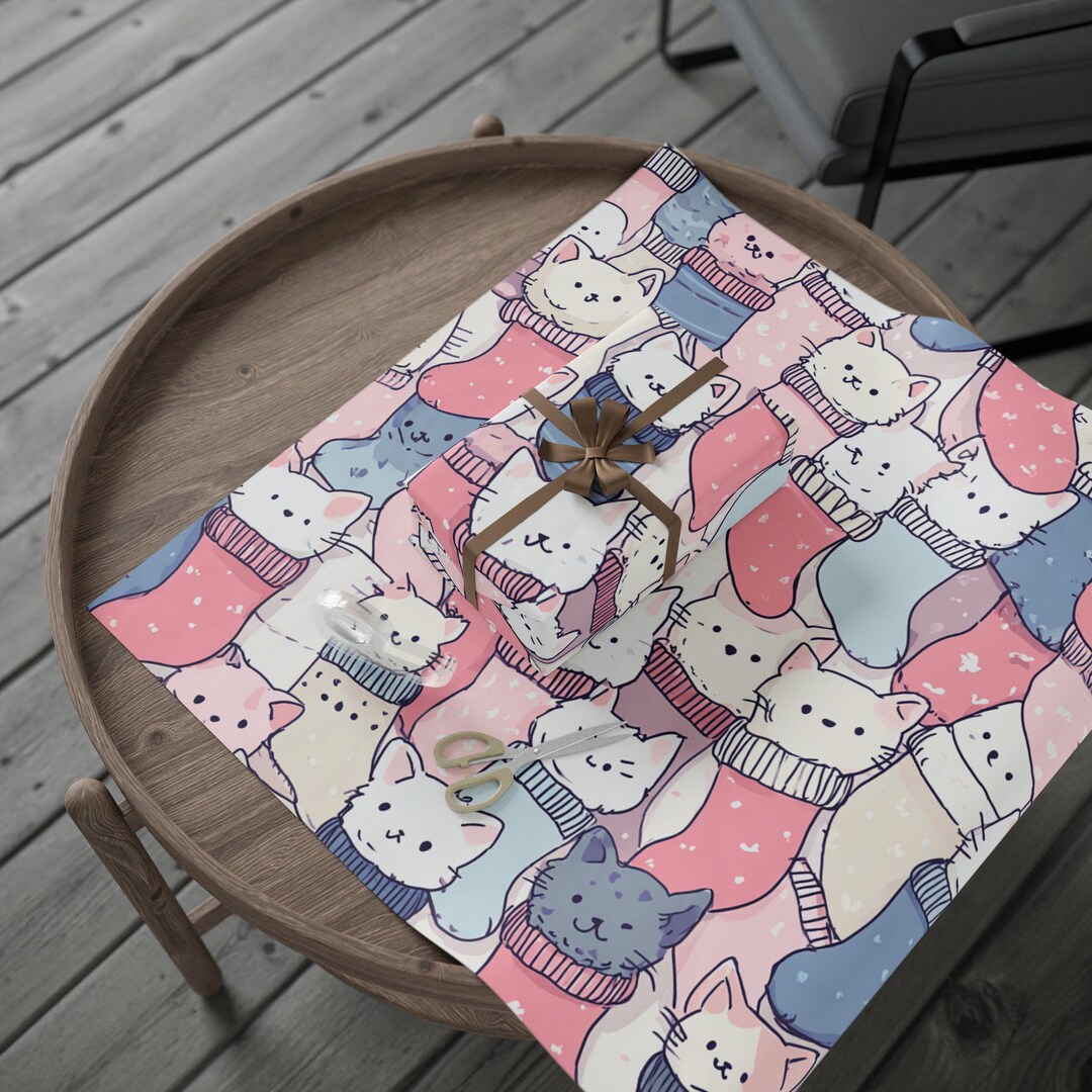 Kawaii Christmas Kitten Wrapping Paper | Cute Cat Stocking Gift Wrap ...