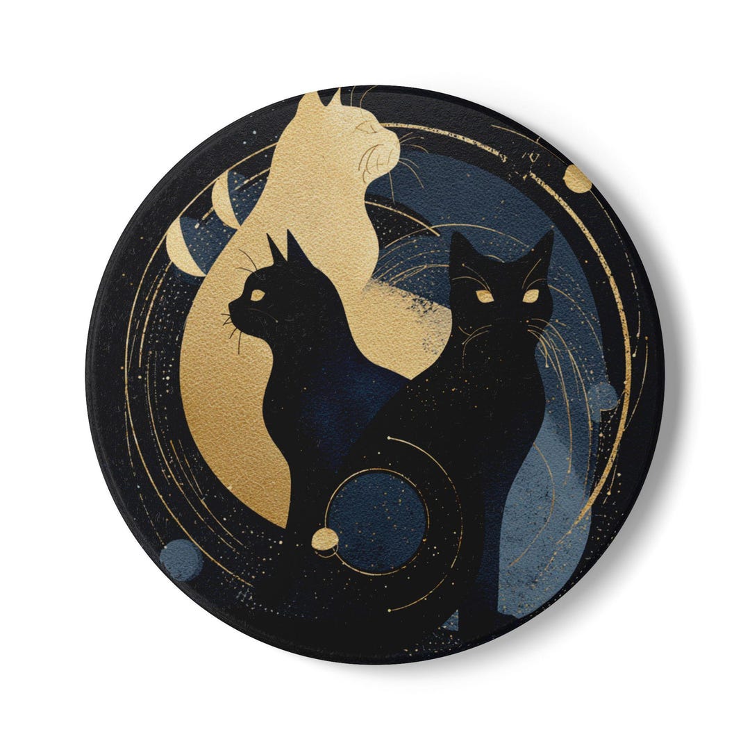 Celestial Black & Gold Cats Ceramic Coaster | Moon Phase Cat Artwork - Etsy