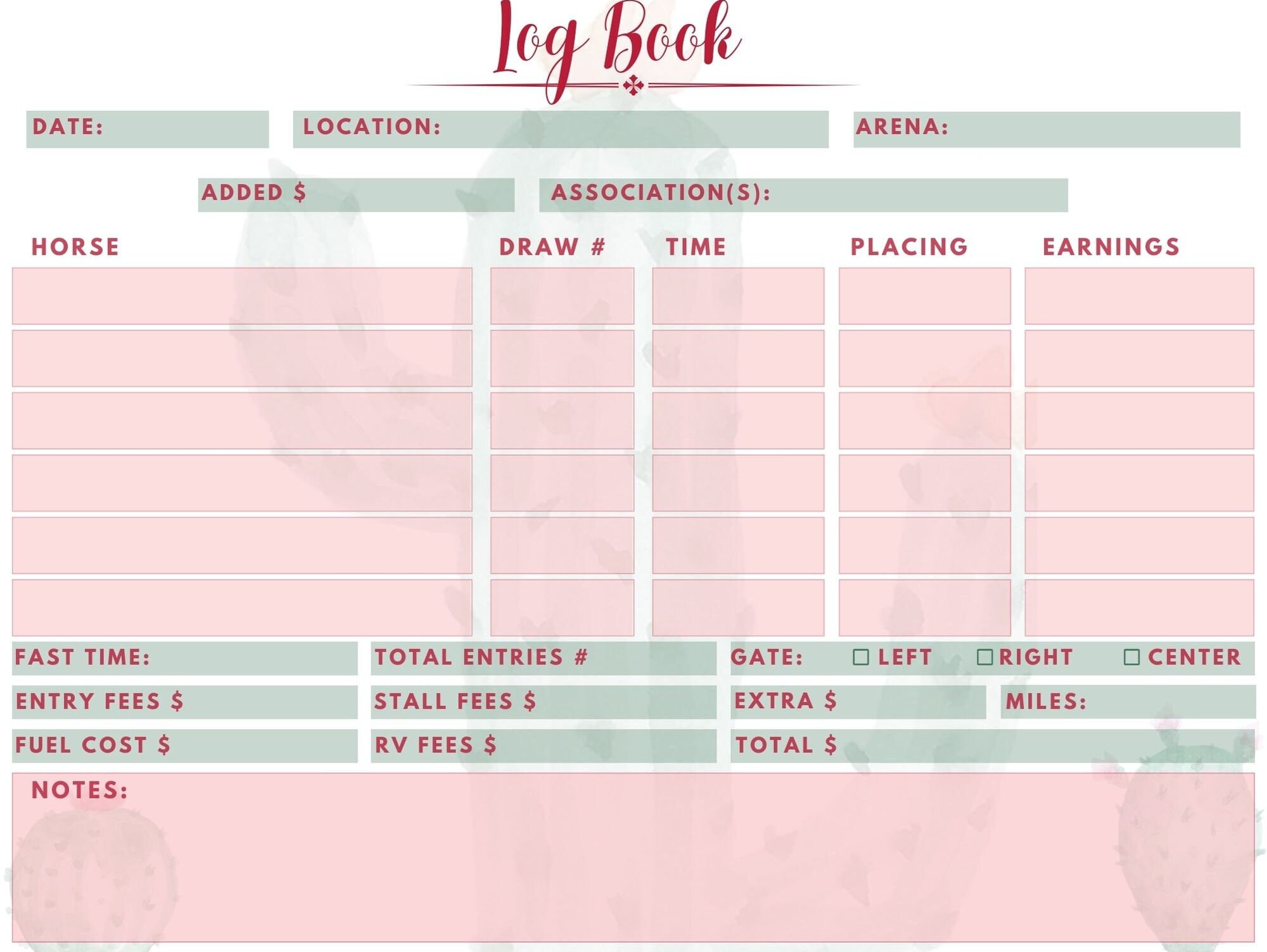 Barrel Race Log INSTANT Download - Etsy