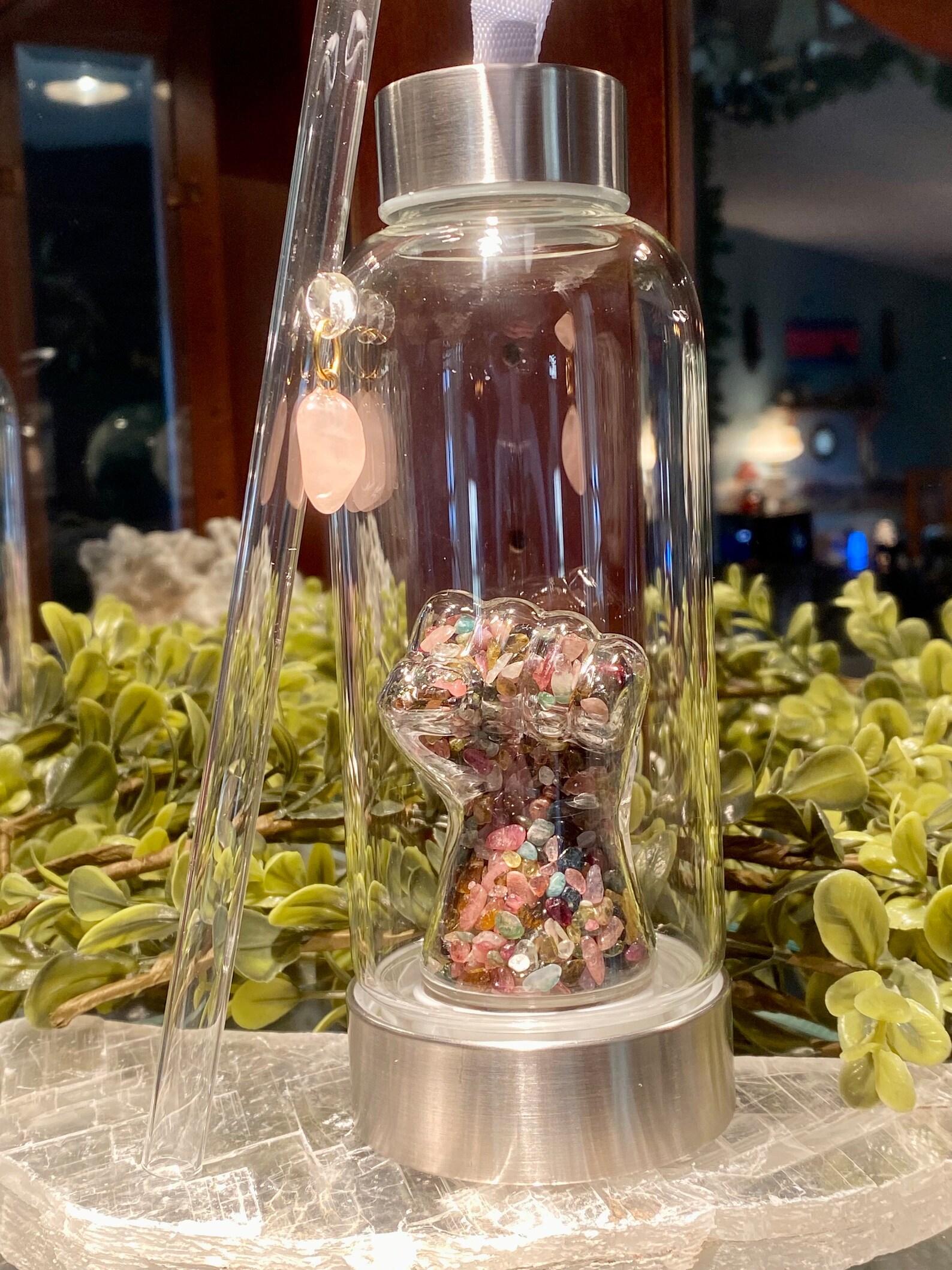 Crystal Fist Water Bottle W/ Glass Rose Quartz Straw - Etsy