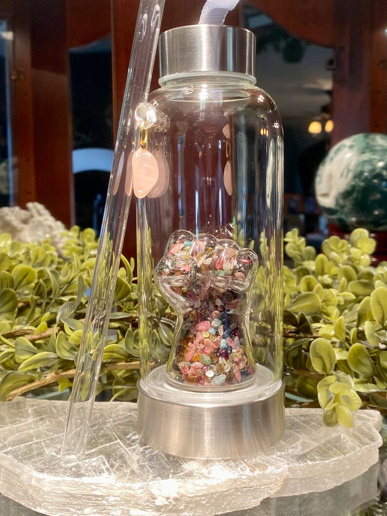 Crystal Fist Water Bottle W/ Glass Rose Quartz Straw - Etsy